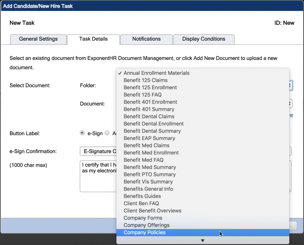 Setting up task – ExponentHR Elevate