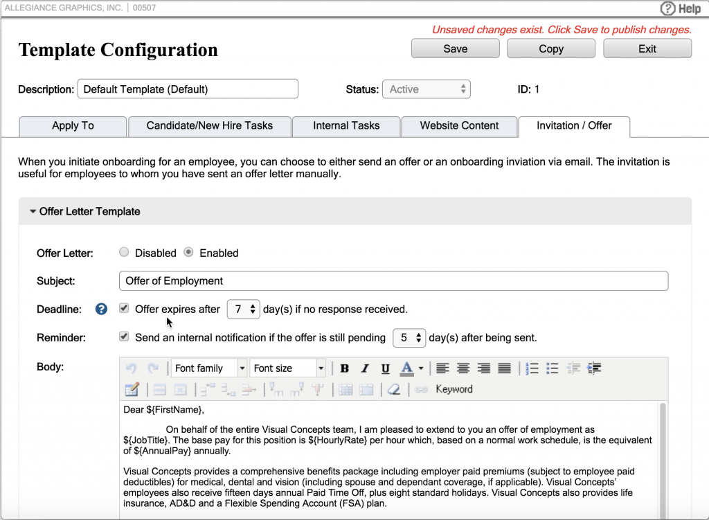 Message content by template – ExponentHR Elevate