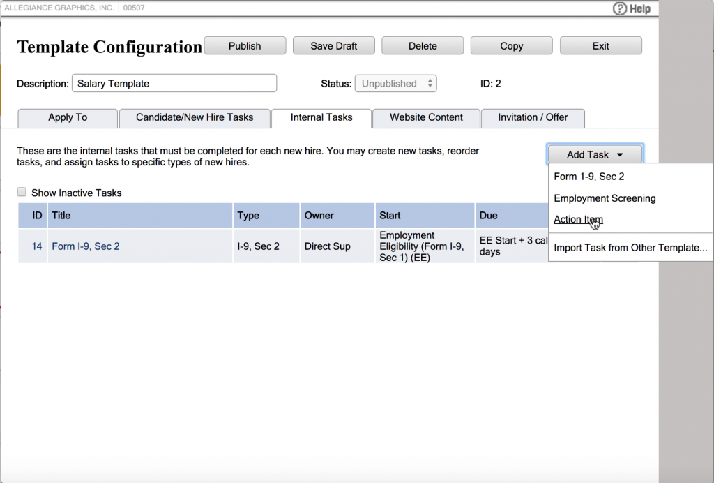 Creating internal tasks – ExponentHR Elevate