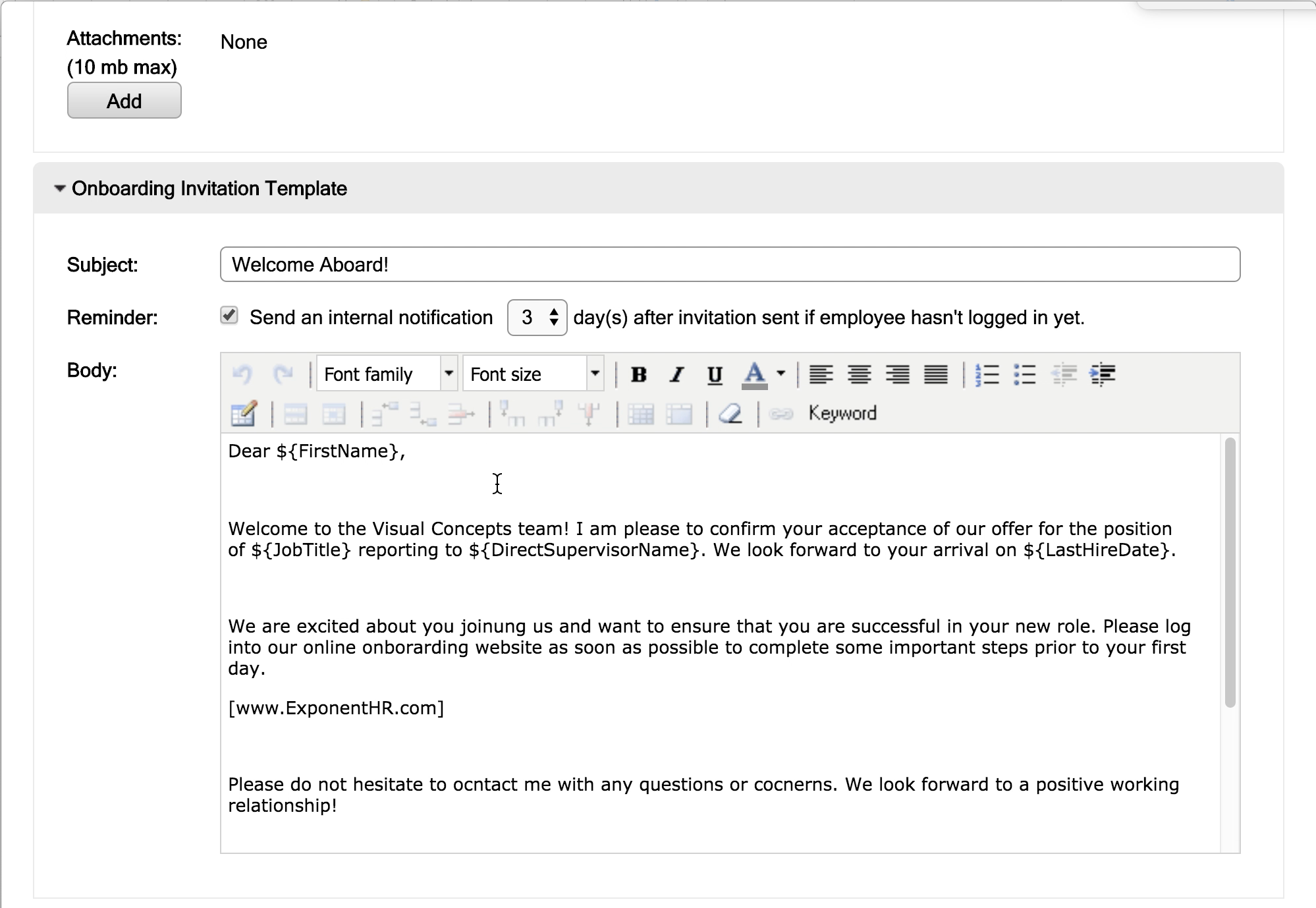 Message content by template – ExponentHR Elevate