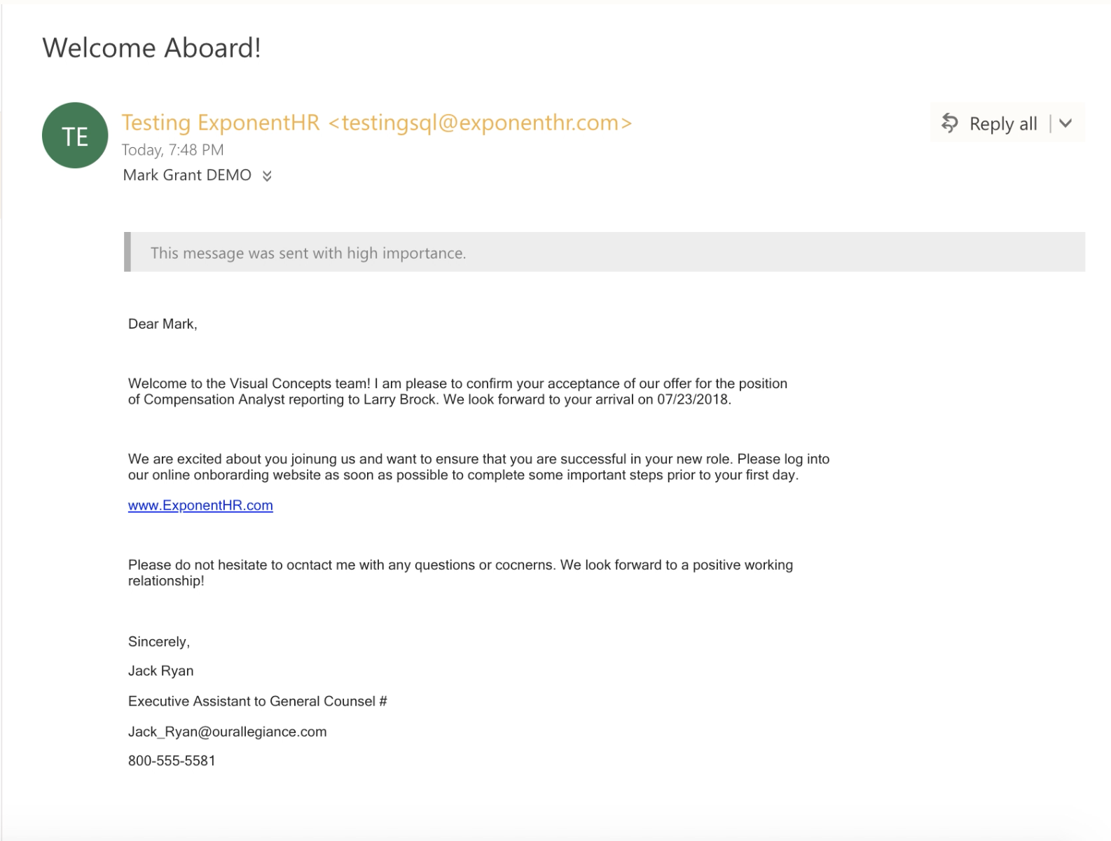 Invitation to onboarding – ExponentHR Elevate