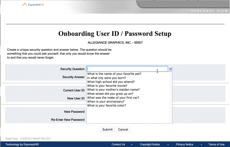 Onboarding User ID/Password Setup – ExponentHR Elevate